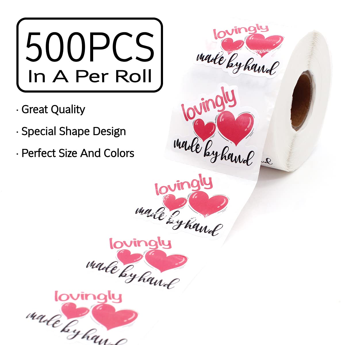 Wailozco 1.5'' Lovingly Made by Hand Stickers, Thank You Stickers,Handmade Stickers,Business Stickers,Envelopes Stickers for Online Retailers, Handmade Goods,Small Business, 500 Labels Per Roll