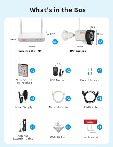 [Dual WiFi&2 Way Audio] Tonton Security Camera System Wireless,10CH 4K NVR with 2TB HDD,8PCS 3MP Outdoor Bullet Floodlight Cameras with PIR Sensor,AI Humanbody Detect,Color Night Vision,White(New)