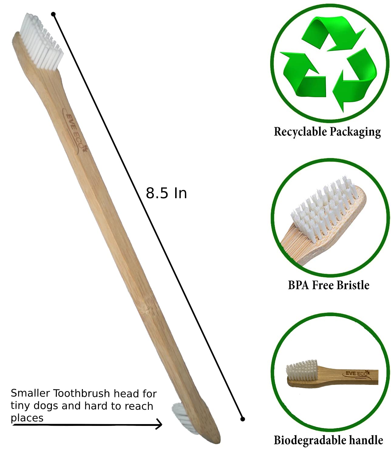 EveEco 4-Pack Bamboo Dog & Pet Toothbrushes - 2 Brush Heads Large & Small with Extra Long 8.5" Use with Toothpaste to Eliminate Cavities, Bad Breath, Tartar for Puppies, Cats, Kittens