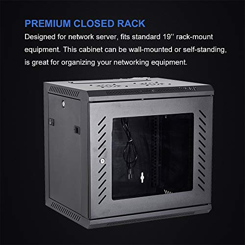 [Fully Assembled] KENUCO Deluxe IT Wall Mount Cabinet | Server Rack | Data Network Enclosure 19-Inch Server Network Rack with Locking Tempered Glass Door (Black 09U)