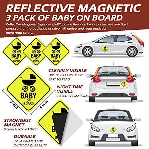 [Heavy-Duty] 3 Pack Reflective Safety Baby On Board Large Car Magnet Signs, 5x5 inch, Waterproof Weatherproof, Golden Yellow (Type A, 3 Pack)