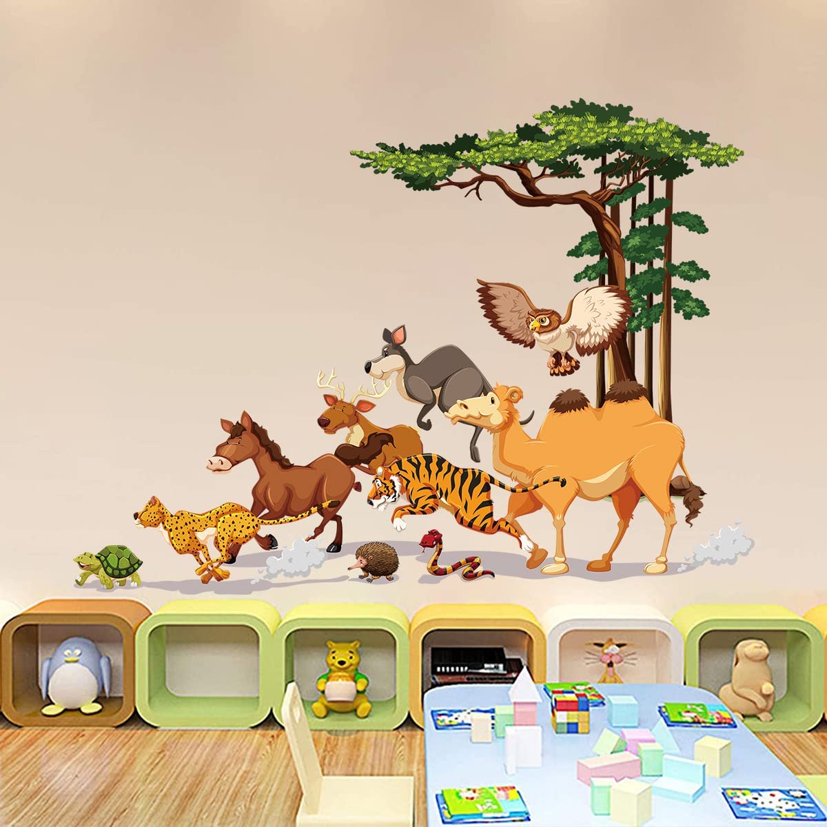 MEFOSS Removable Cartoon Jungle Animal Big Tree Wall Decals Creative Tiger Horse Leopard Turtle Wall Stickers Peel and Stick Wall Decals for Kids Bedroom Playroom Nursery Wall Decor (A)