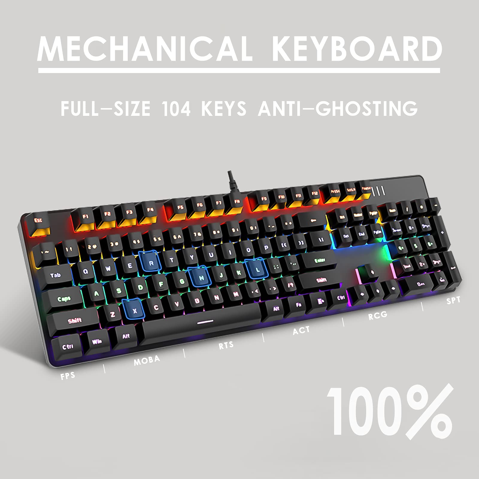 Alkem Mechanical Gaming Keyboard with Rainbow Backlit 104 Keys Gaming Keyboard USB Wired Keyboard with Blue Switch Anti-Ghosting Full Size Keyboard for Windows PC MAC Games (Black)