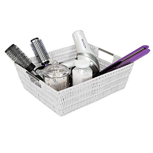 "Simplify 15"x13"x5" Shelf Storage Woven Handles, Nursery, Playroom, Toys, Bedroom, Closet, Clothes, Office, Decorative Organizer Basket Rattan Totes, Large, White" (25453-WHITE)