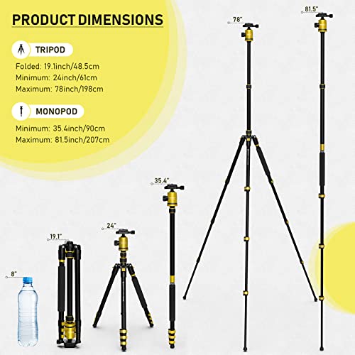 [Limited Edition] GEEKOTO 77'' Tripod-Camera Tripod for DSLR-Compact Aluminum Tripod with 360 Degree Ball Head Loads up to 17.6LBS for Travel and Work(Yellow)