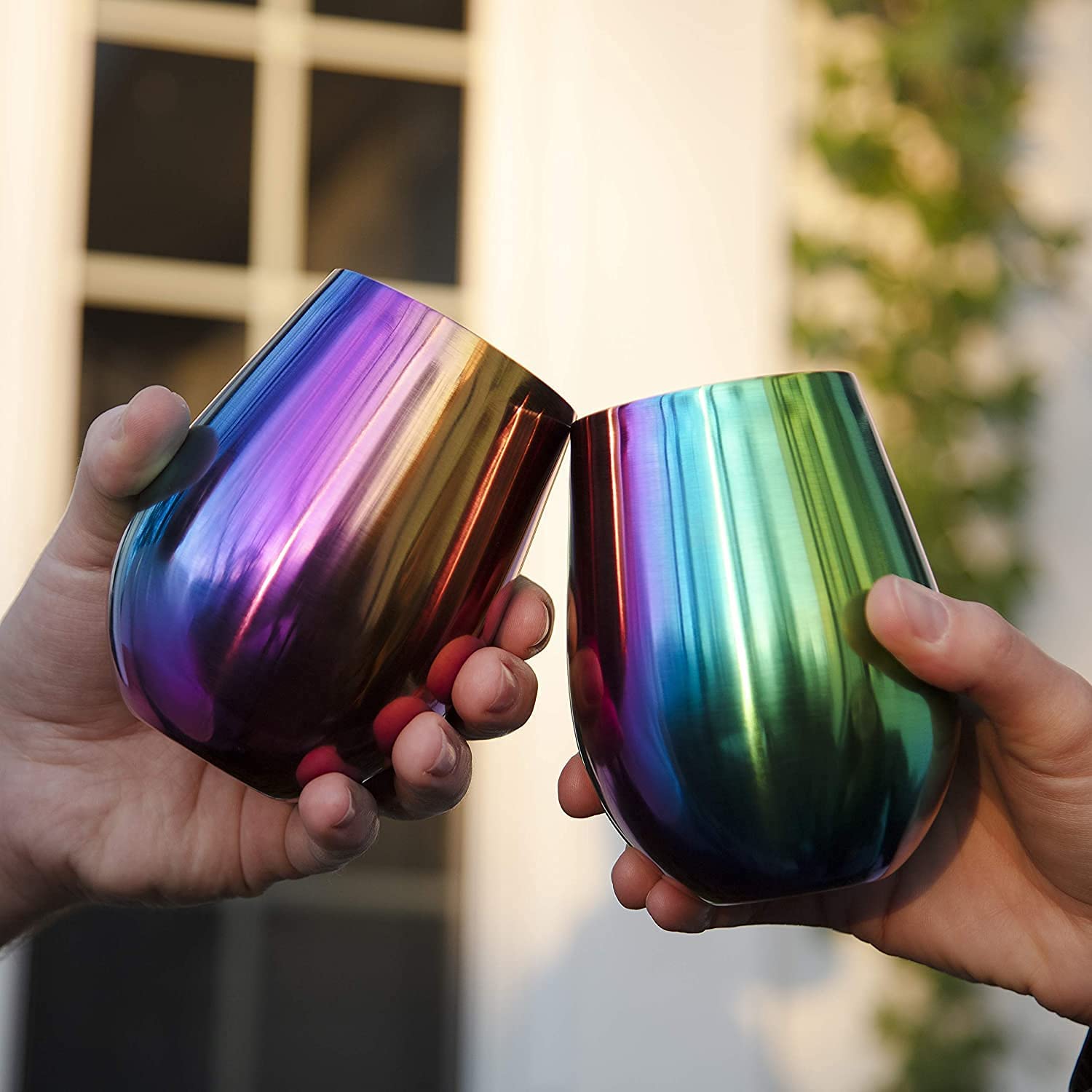 'Eco Unbreakable Holographic Stainless Steel Wine Glasses (16 oz, Set of 8) - Multi-Color Wine Tumblers Maintain Drink Temperature - Great for Entertaining & Parties - Shatterproof, Reusable Tumblers