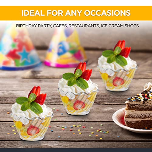 [24 Pack] Plastic Dessert Cups 5 oz - Clear Mini Ice Cream Sundae Tasting Bowls, Individual Swirl Tulip Shape Dish Holder, Salad Appetizer Chocolate Candy Serving in Party Buffet, Commercial Home Use