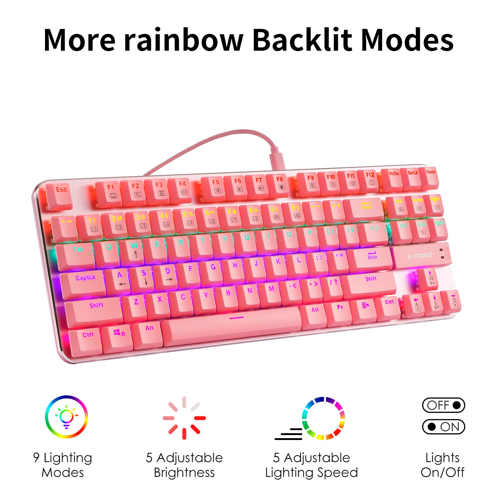 Z-66 Mechanical Gaming Keyboard, Blue Switch Audible, LED Backlit, Low Profile Keycaps, Type-C USB Wire Detachable, Compact 87Keys, for Windows Desktop Laptop Gamer and Office