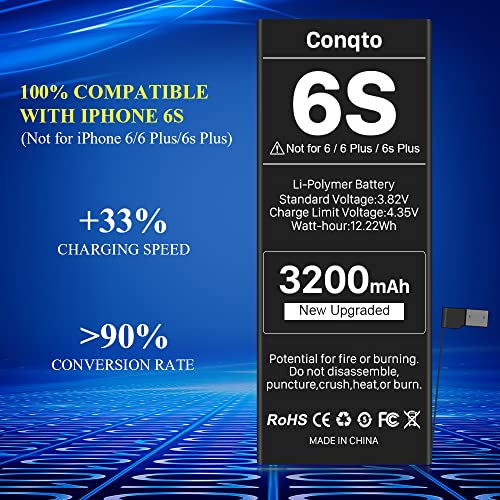 [3200mAh] Battery for iPhone 6S (2023 New Version), Conqto New Upgraded Higher Capacity 0 Cycle Battery Replacement for iPhone 6S Model A1633, A1688, A1700 with Complete Professional Repair Tool Kits