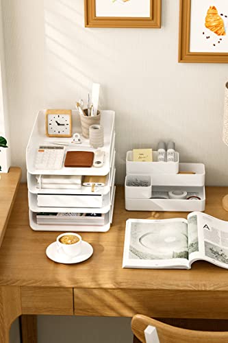 (4pcs Pack) HKeeper Stackable Paper Trays,Letter Tray Organizer,Office Desktop Organizer,A4 Paper Holder,Supplies Magazine,File Documents,Receipts（White）