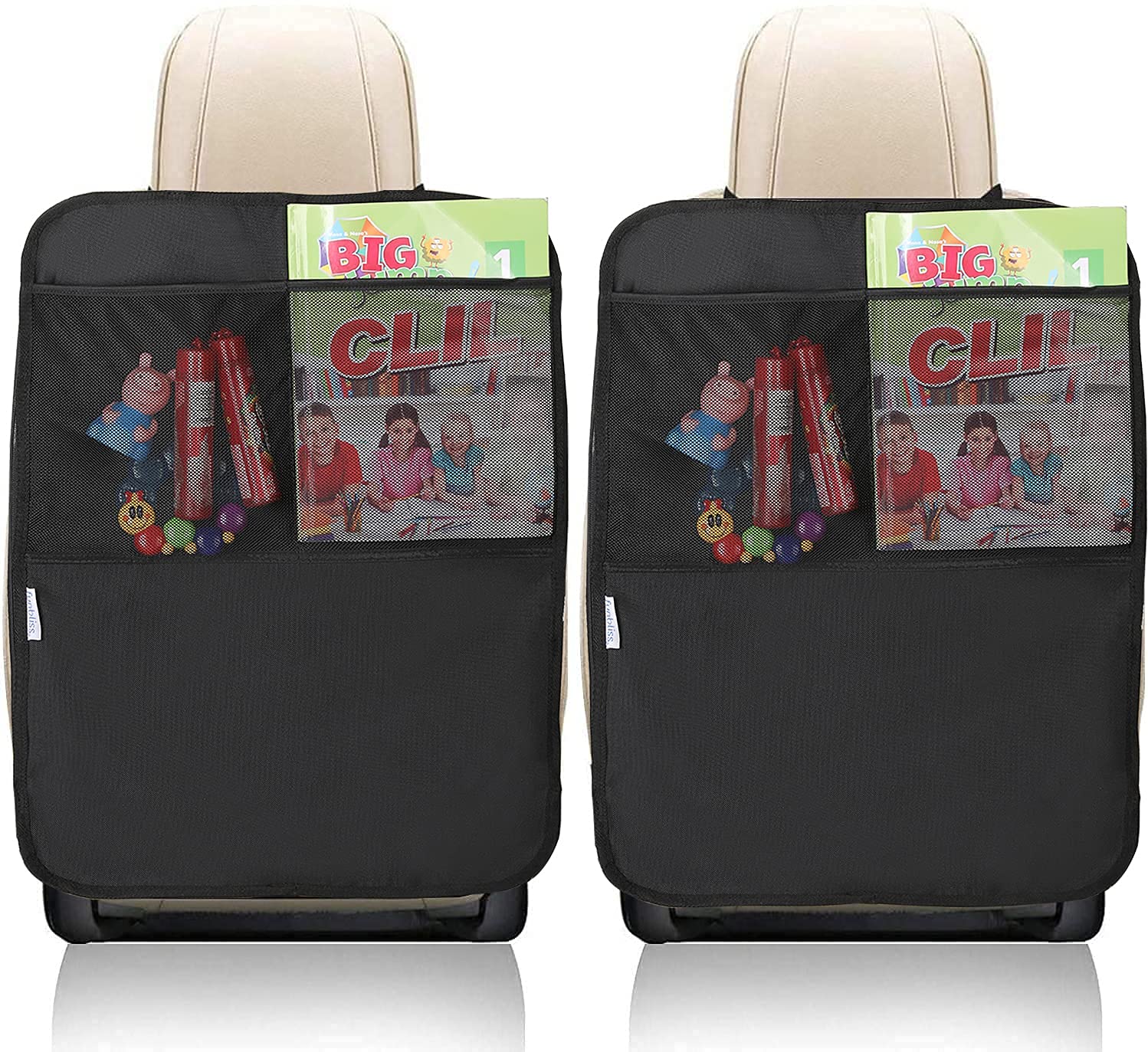funbliss Duty Kick Mats(2 Pack),Back Seat Protector for Kids,Premium Waterproof Fabric, Reinforced Corners to Prevent Sag,2Reinforced Storage Pockets,Universal Fit,Black