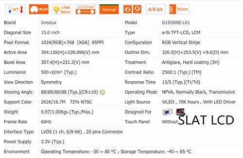 INNOLUX G150XNE-L01 1024X768, 15 INCH, 20 PIN Connector, 85PPI, LCD Display, LED Back Light System, TRANSMISSIVE, XGA