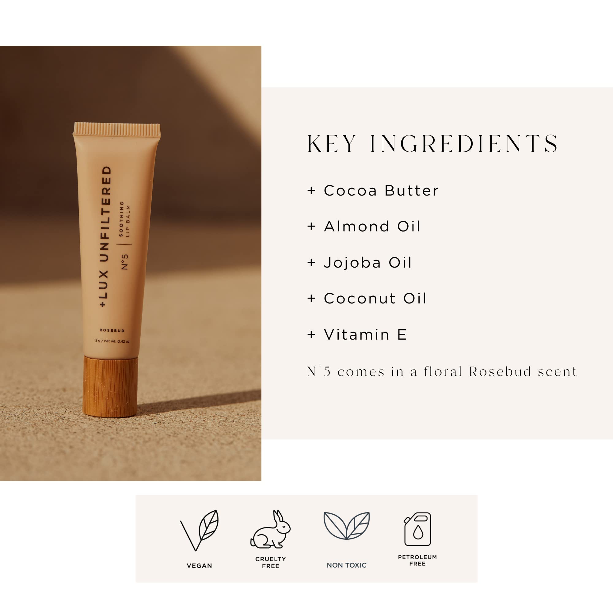 + Lux Unfiltered No 5 Soothing Lip Balm - Hydrating and Moisturizing Vegan Lip Balm + Cocoa butter + Jojoba oil + Vitamin E + Petroleum-free