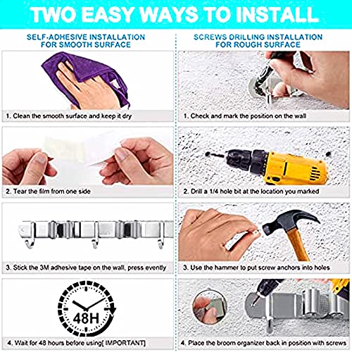 1 Pack Broom Mop Holder Wall Mount Garage Organization Wall Organizer Storage Broom Closet Kitchen Organization Heavy Duty Garage Tools Hanger with 3 Racks 4 Hooks for Garden Laundry Room (Green)