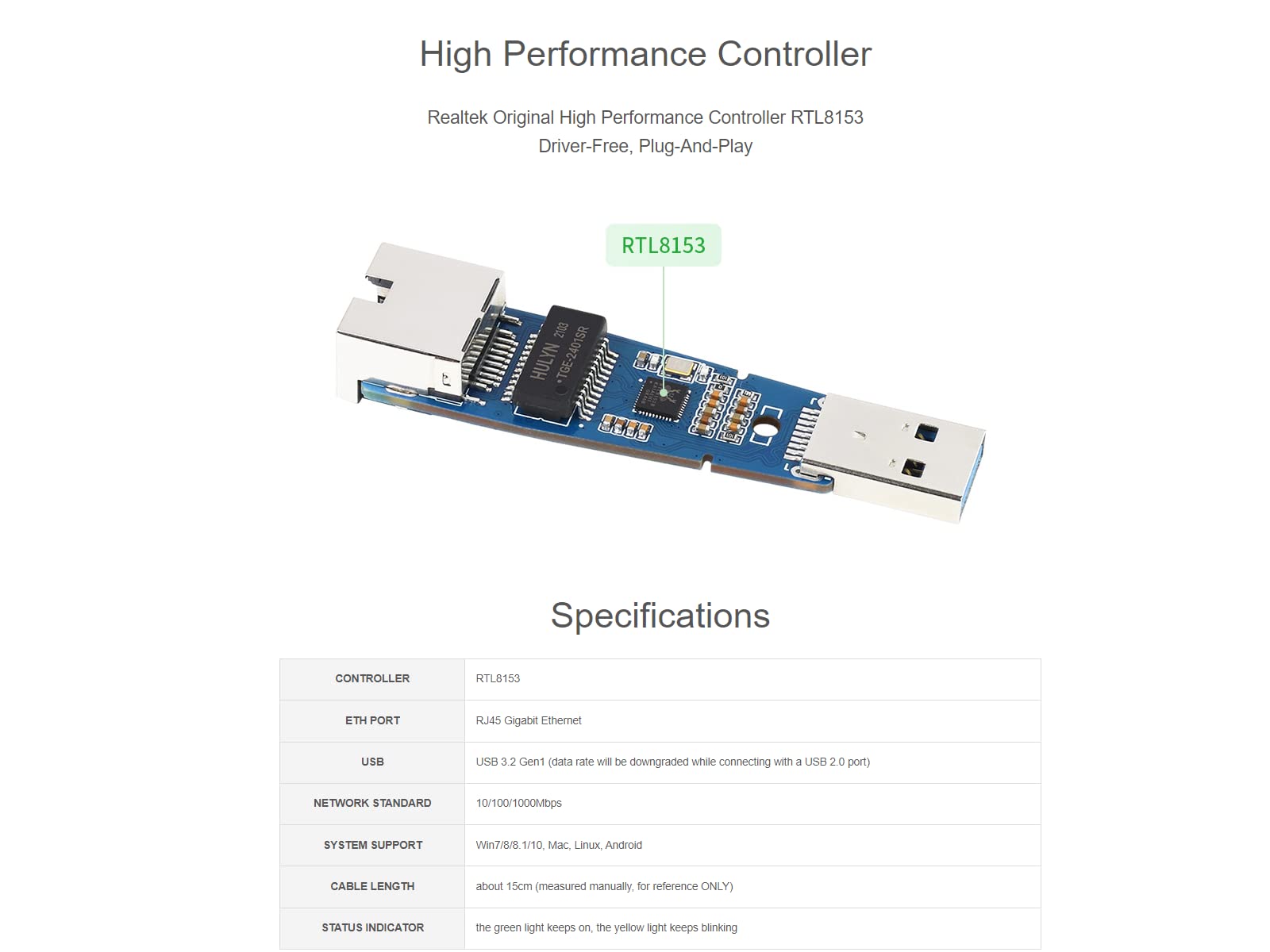 waveshare USB 3.2 Gen1 to Gigabit Ethernet Converter,USB 3.2 to Ethernet Internet Adapter 10/100/1000Mbps Network Compatible with Raspberry Pi CM4,Jetson Nano,PC,Win7/8/8.1/10, Mac, Linux,Android