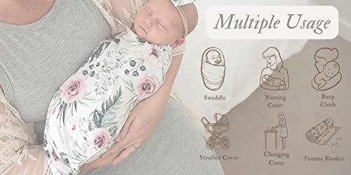 Terriboo Newborn Receiving Blanket and Headband Set Flower Print Baby Swaddle Wrap Floral (Pink)
