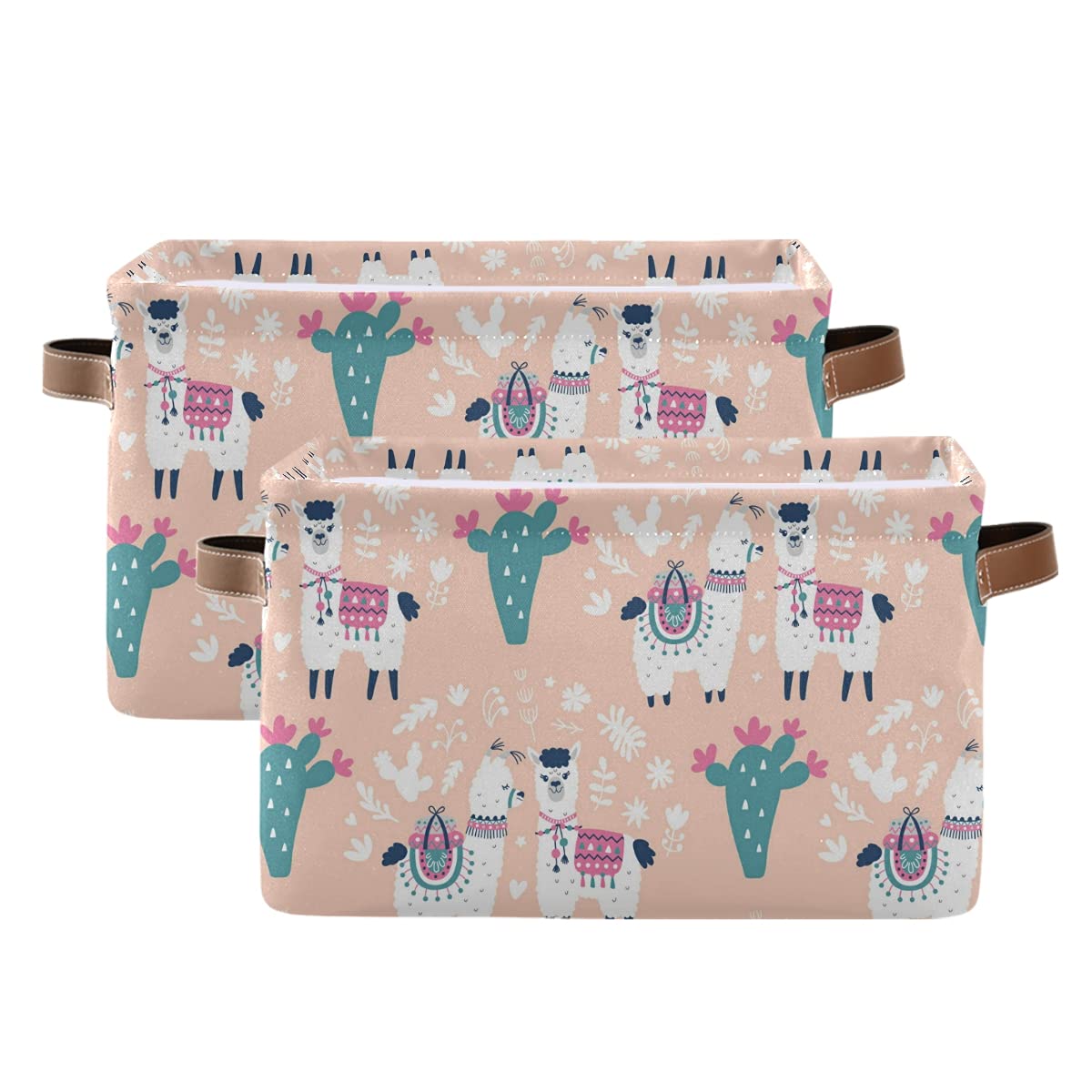 Cute Lama Cactus Dog Toy Baskets Canvas Fabric Collapsible Organizer Basket for Storage Bin for Kids Room Toy Organizer Home Baby Hamper 2 Pieces