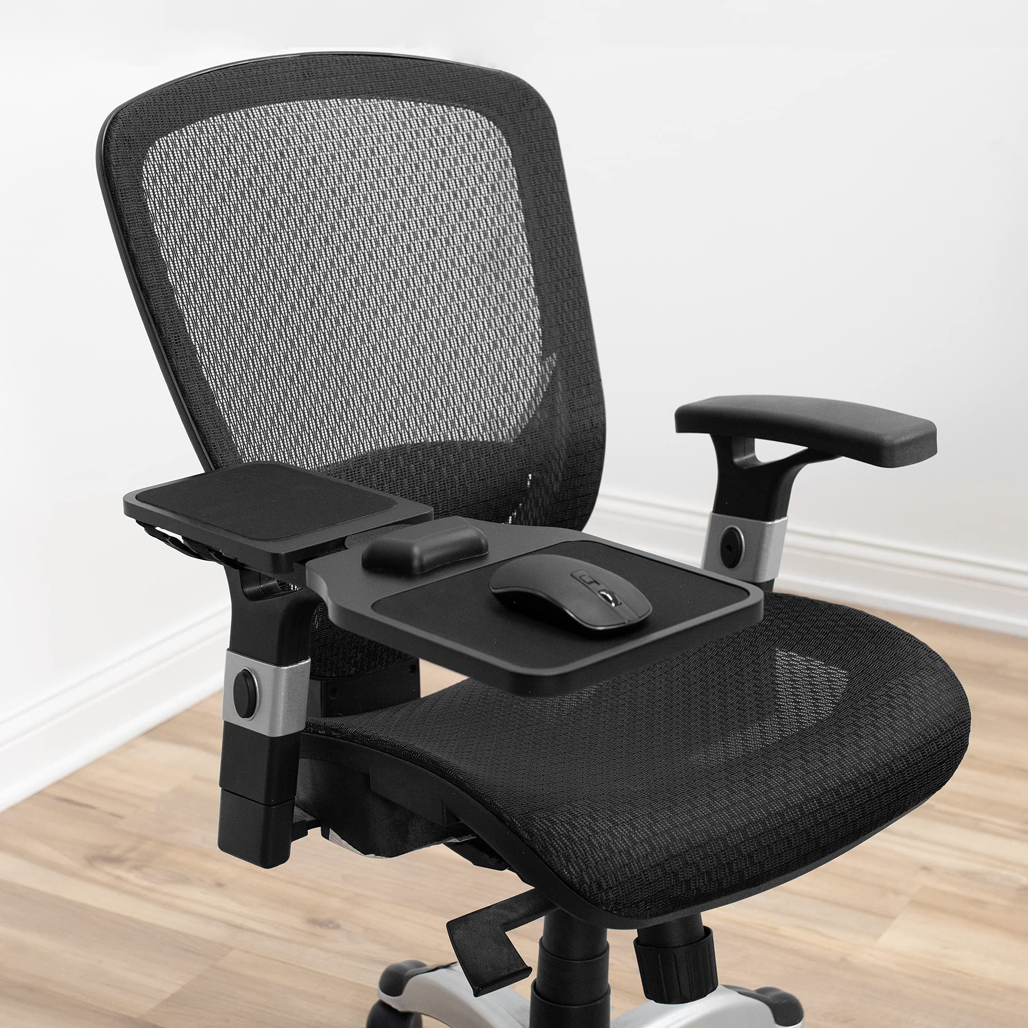 VIVO Wood Arm Rest Mouse Pad with Wrist Cushion, Adjustable Length Support Platform Tray, Chair Attachment Extension with Straps, Black, MOUNT-MS02D
