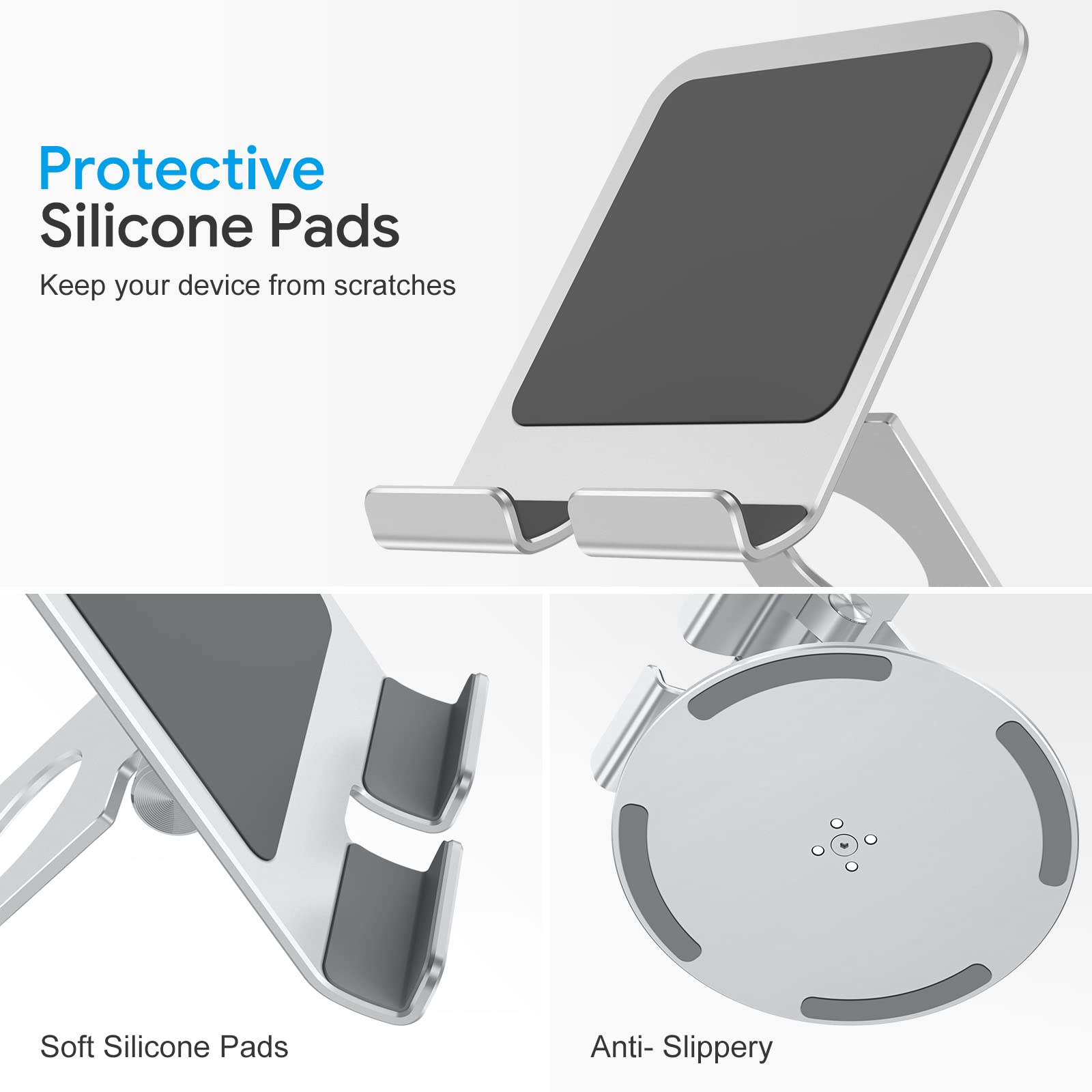 OMOTON Swivel Tablet Stand for iPad with 360 Rotating Base, Foldable Adjustable Holder for Drawing, Compatible with iPad Pro/Air/Mini and More, Silver