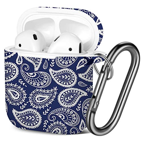 [ Compatible with AirPods 2 and 1 ] Shockproof Soft TPU Gel Case Cover with Keychain Carabiner for Apple AirPods (Paisley Blue White)