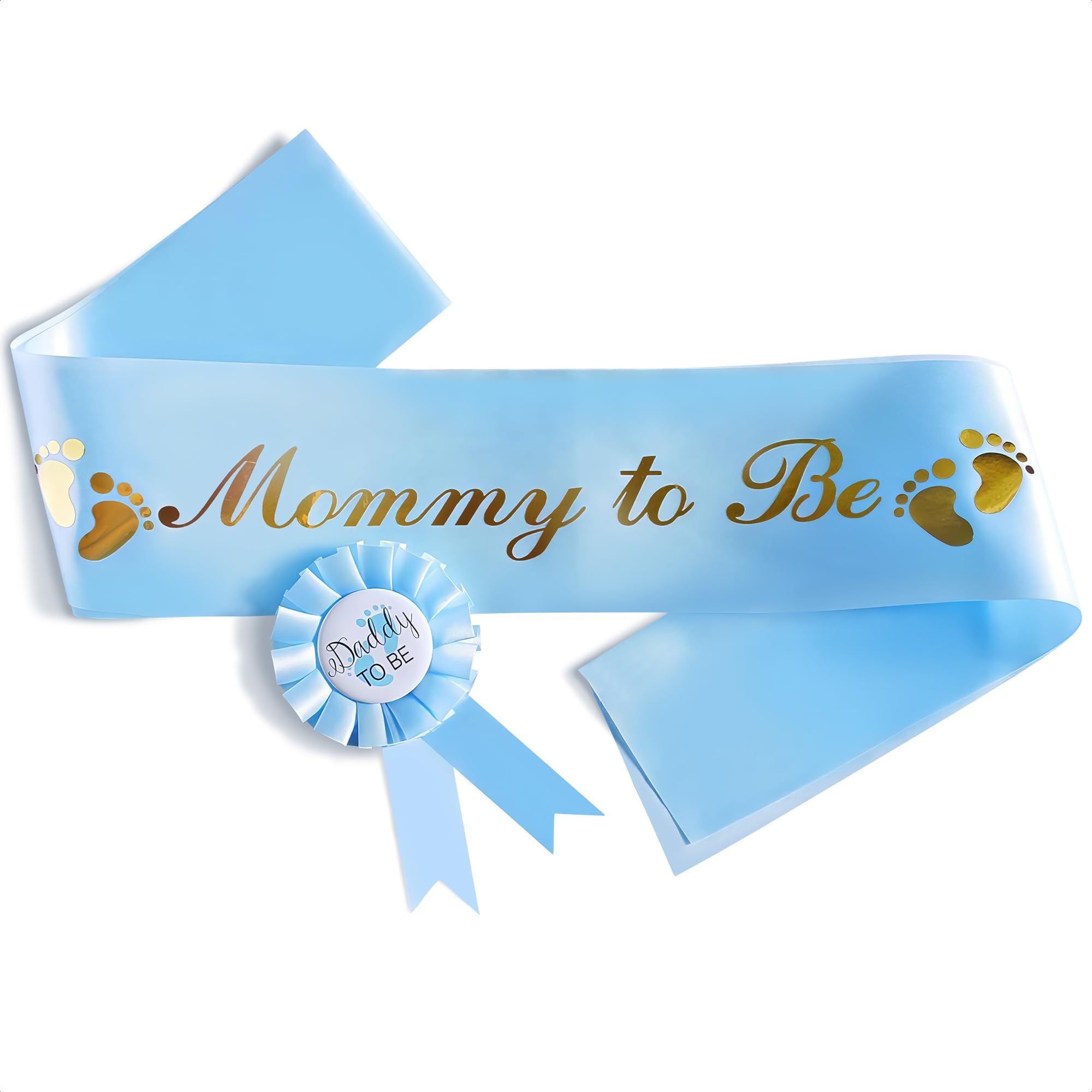 Baby Shower Sash for Mommy - Set of 2 Blue Satin Mommy to Be Sash with Dad to Be Pin, Elegant Glossy Texture with Gold Glitz Letters, Easy to Wear - Lightweight and Durable Baby Shower Decorations Boy