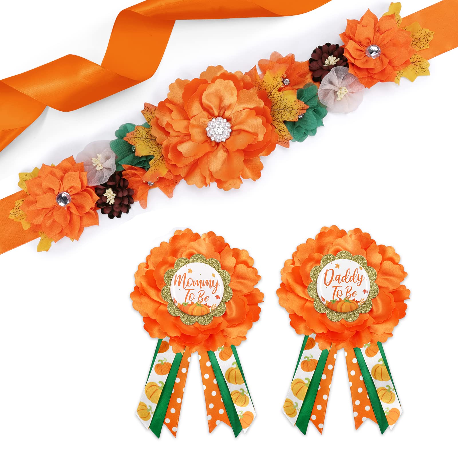 Pumpkin Maternity Sash Mom to Be & Daddy to Be Baby Shower Corsage Set Fall Pumpkin Sash and Pins for Baby Shower Gender Reveal Keepsake Photography Pregnancy Flower Belly Belt Souvenir Supplies