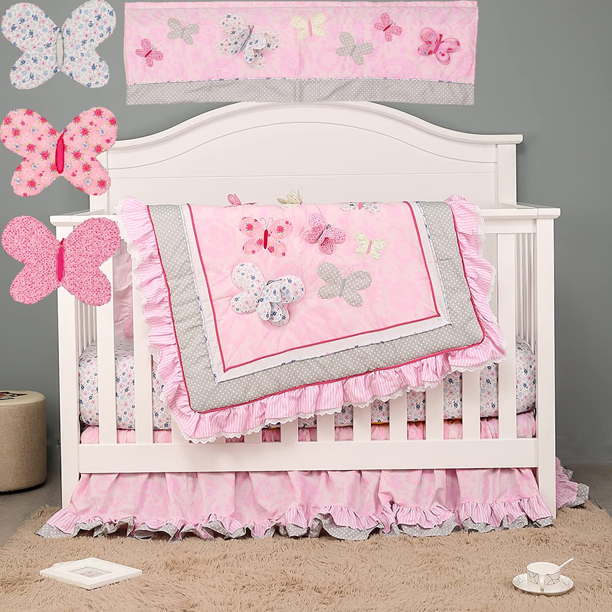 7 PCs Pink Embroidery Butterfly Nursery Crib Bedding Set 100% Cotton Baby Girl 3D Butterfly Themed Cot Bedding Set 1 Quilt, 1 Skirt, 1 Fitted Sheet, 1 Window Valance, 3 Butterfly Shaped Wall Decor