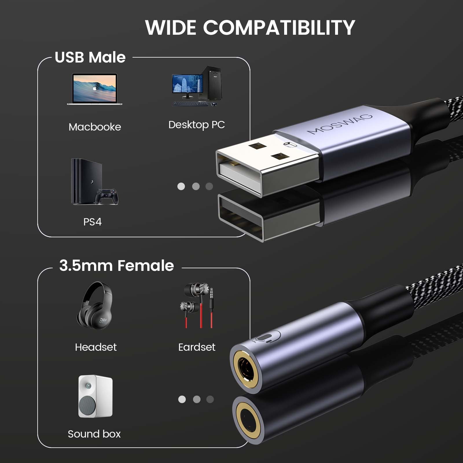 MOSWAG USB to Audio Jack Adapter 0.65Feet/20cm, External Sound Card Jack Audio Adapter with 3.5mm Aux Stereo Converter Compatible with Headset, PC, Laptop, Linux, Desktops, PS4 and More Device