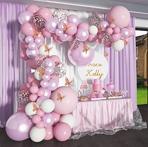 (115 PCS) Butterfly Pink and Purple Balloons Garland Arch Kit, Baby Shower Decorations for Girl Butterfly Stickers Confetti Balloons for Birthday Wedding Bridal Shower Decorations