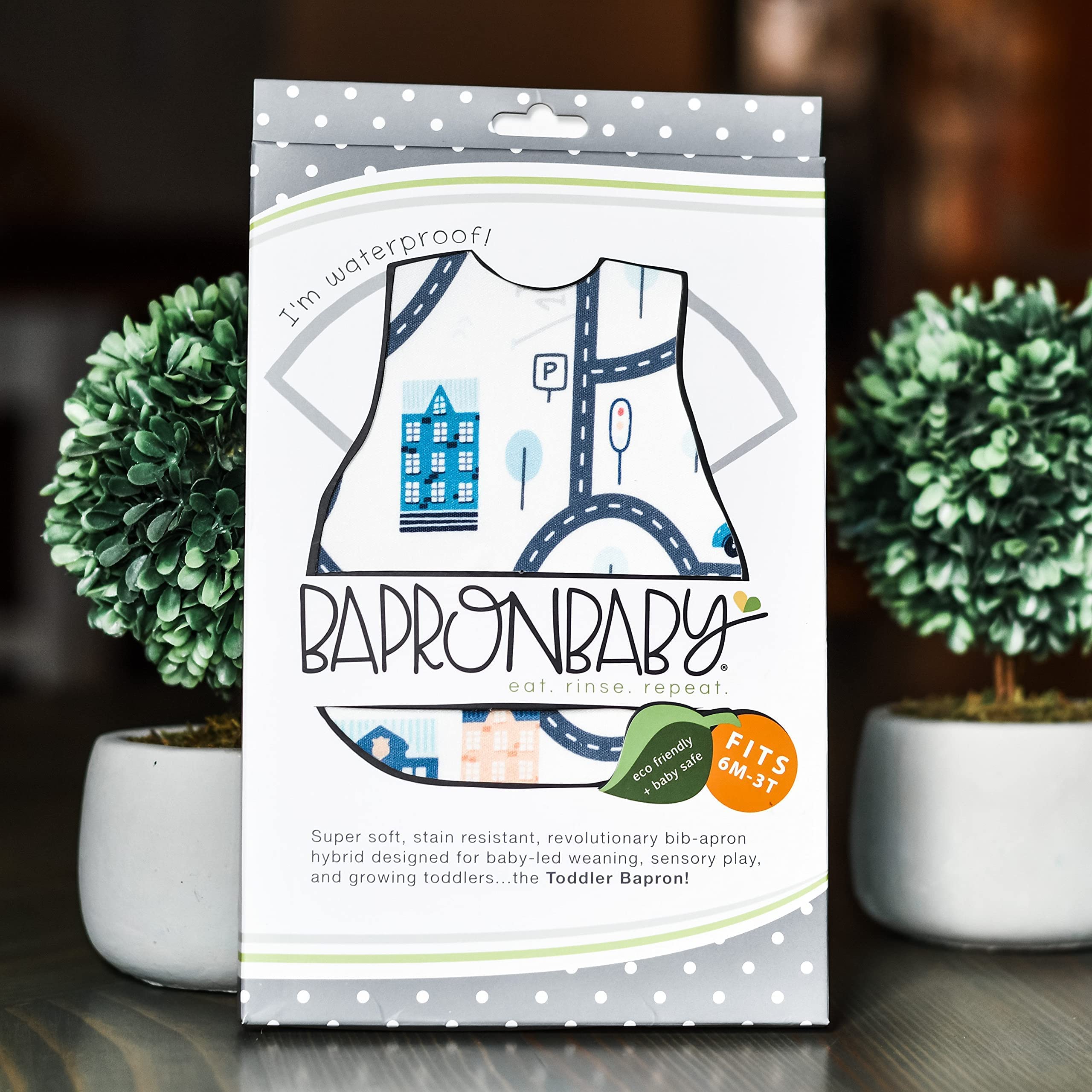 BapronBaby Tiny Town Bapron - No Neck Tie Safer Bib for Baby & Toddler - Soft Waterproof Stain Resistant - Machine Washable - Sz Preschool 3-5yrs