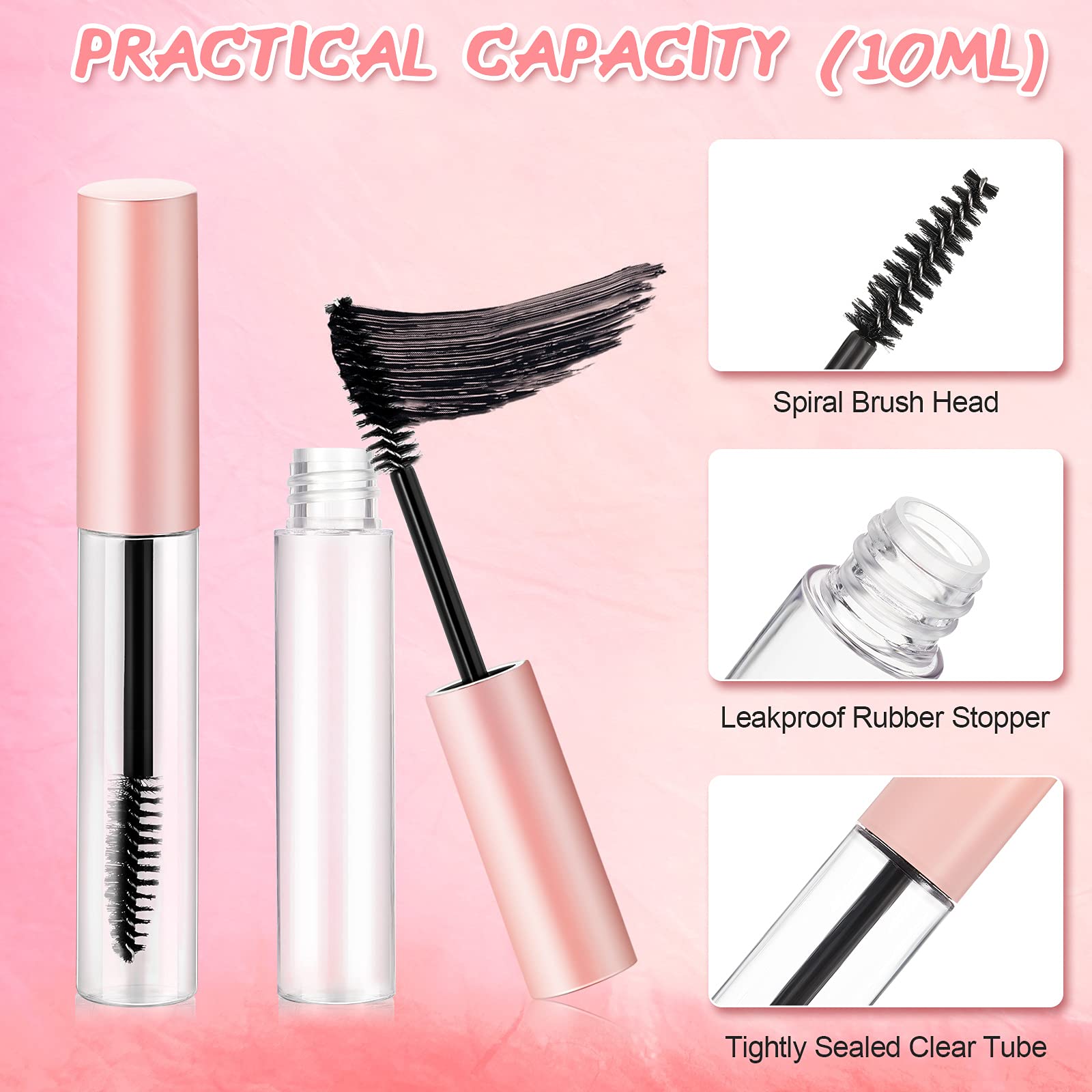 30 Pieces 10 ml Empty Mascara Tubes Eyelash Wand Refillable Clear Bottles Cream Container with 4 Pieces Transparent Funnels Transferring Castor Oil for DIY Cosmetics (Pink)