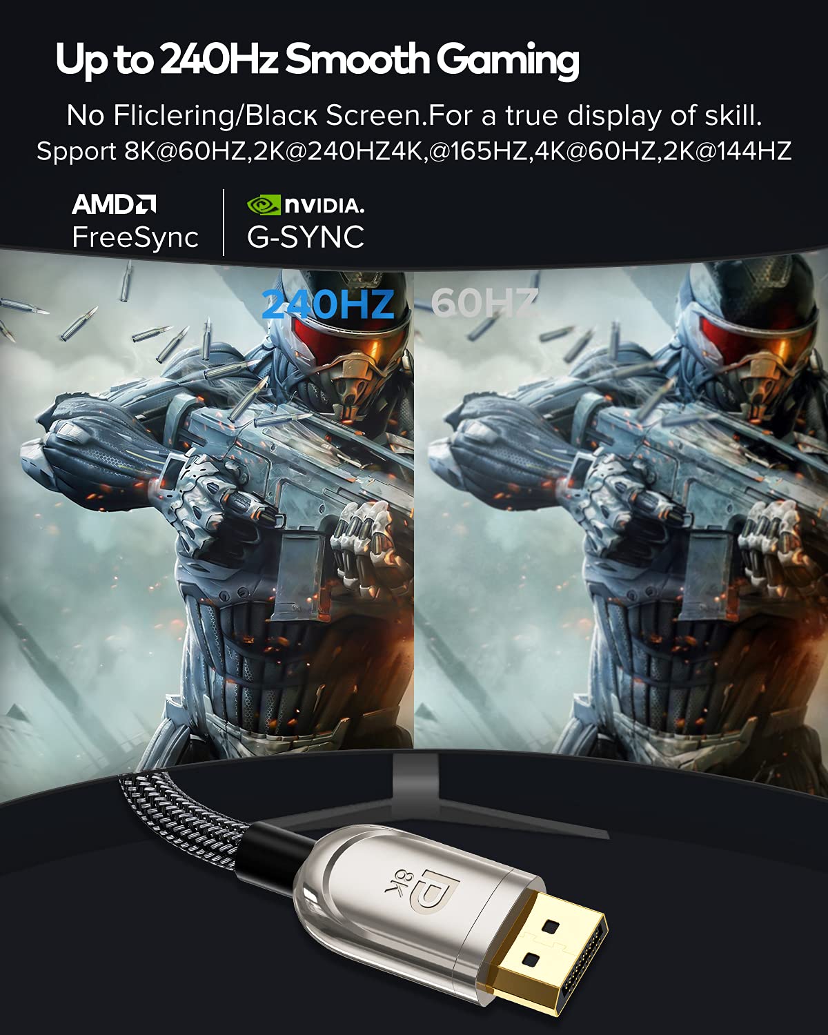 llano 8K DisplayPort 1.4 Cable 10ft, DP 1.4 Cable with latches 32.4Gbps 240Hz High Refresh Rate Male-to-Male Connection Cable for Game E-Sports Monitor, 28AWG Pure Copper Wire Core