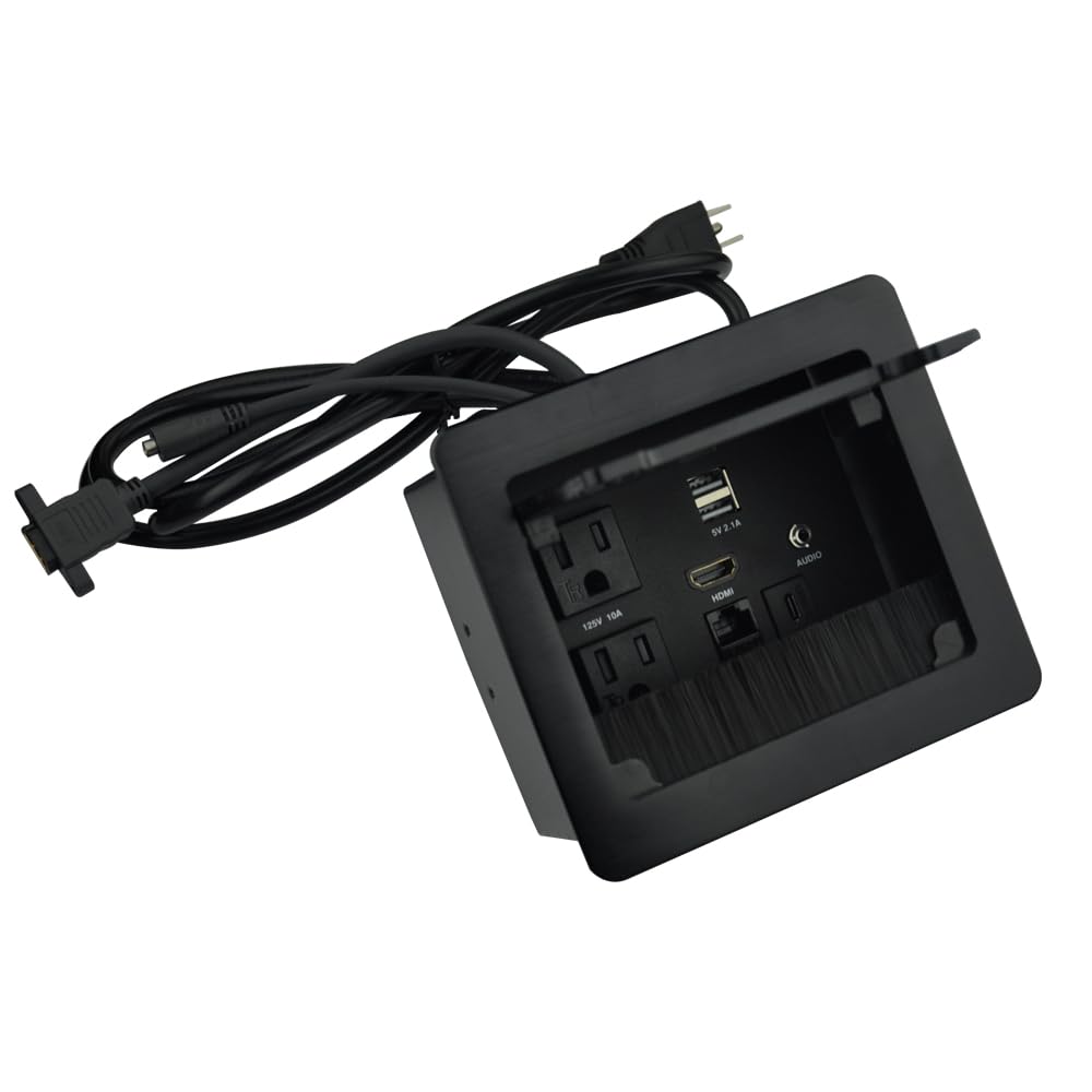 Tabletop Brush Flip Connectivity Box with 2 AC Power + 2 USB Charger + HDMI + 1 3.5mm Audio + USB-C Data + RJ45(cat6) for Conference Room (Black)