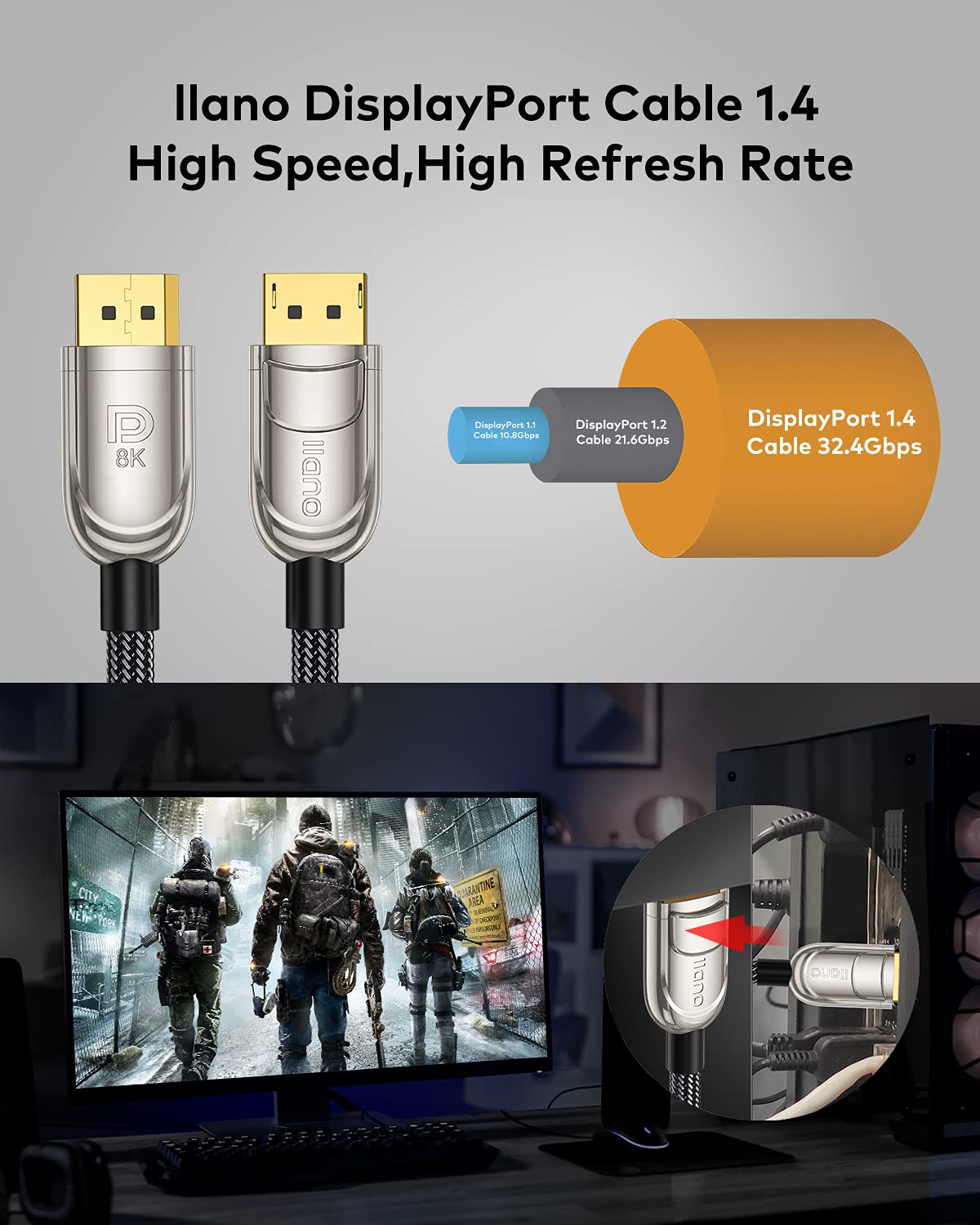 llano 8K DisplayPort 1.4 Cable 10ft, DP 1.4 Cable with latches 32.4Gbps 240Hz High Refresh Rate Male-to-Male Connection Cable for Game E-Sports Monitor, 28AWG Pure Copper Wire Core