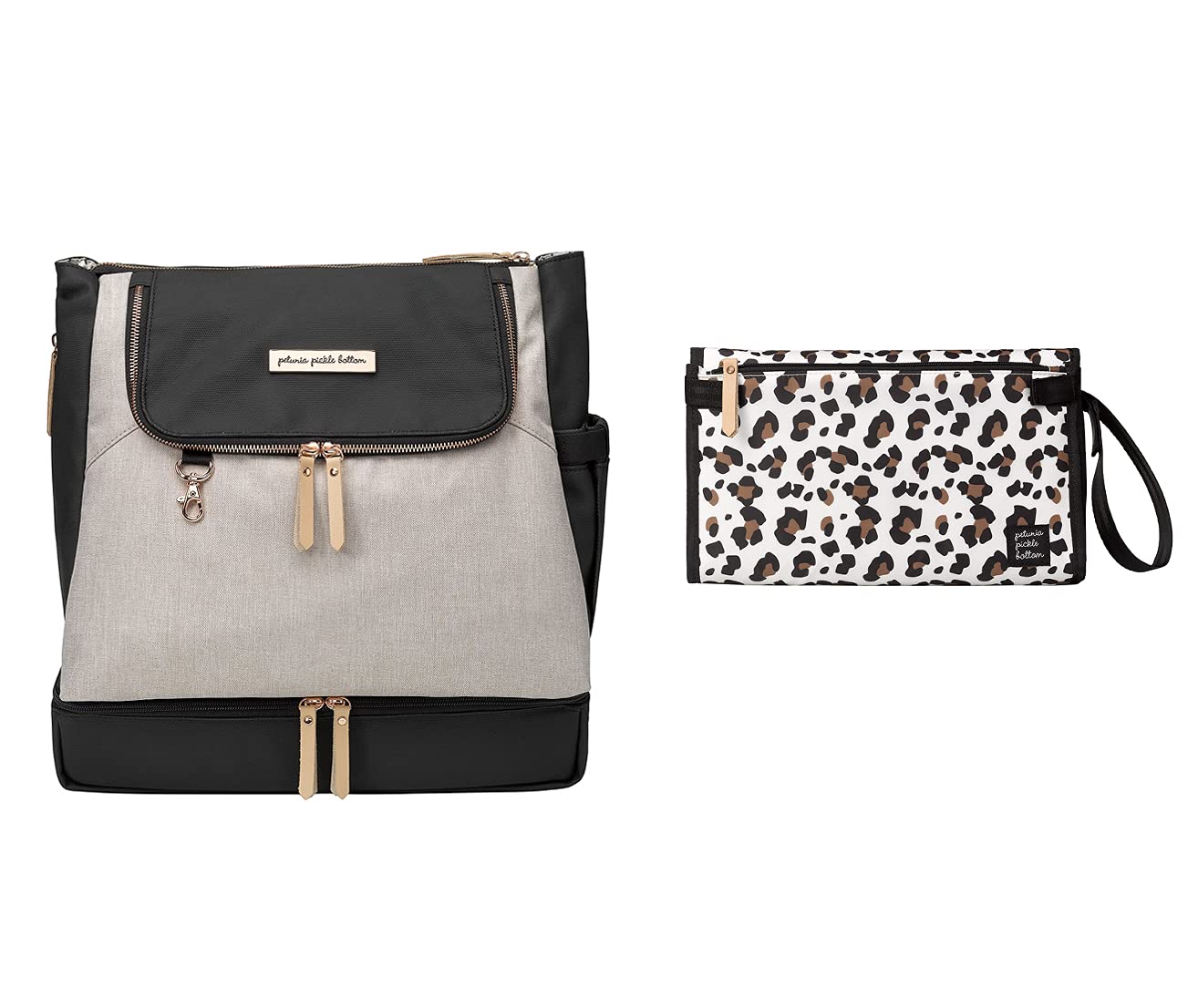 Petunia Pickle Bottom - Pivot Backpack (Sand/Black) + Diaper Clutch (Leopard) Bundle