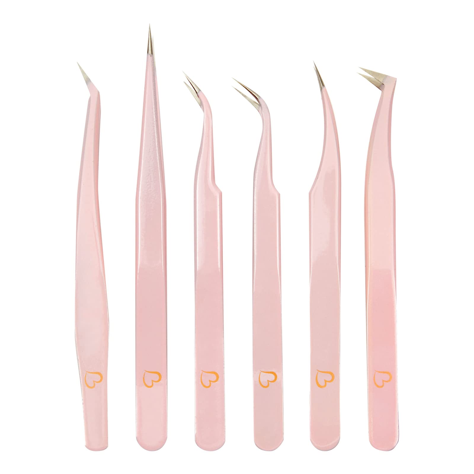 Okuna Outpost 6-Piece Precision Tweezer Set for Eyelash Extensions with Storage Case (Light Pink)
