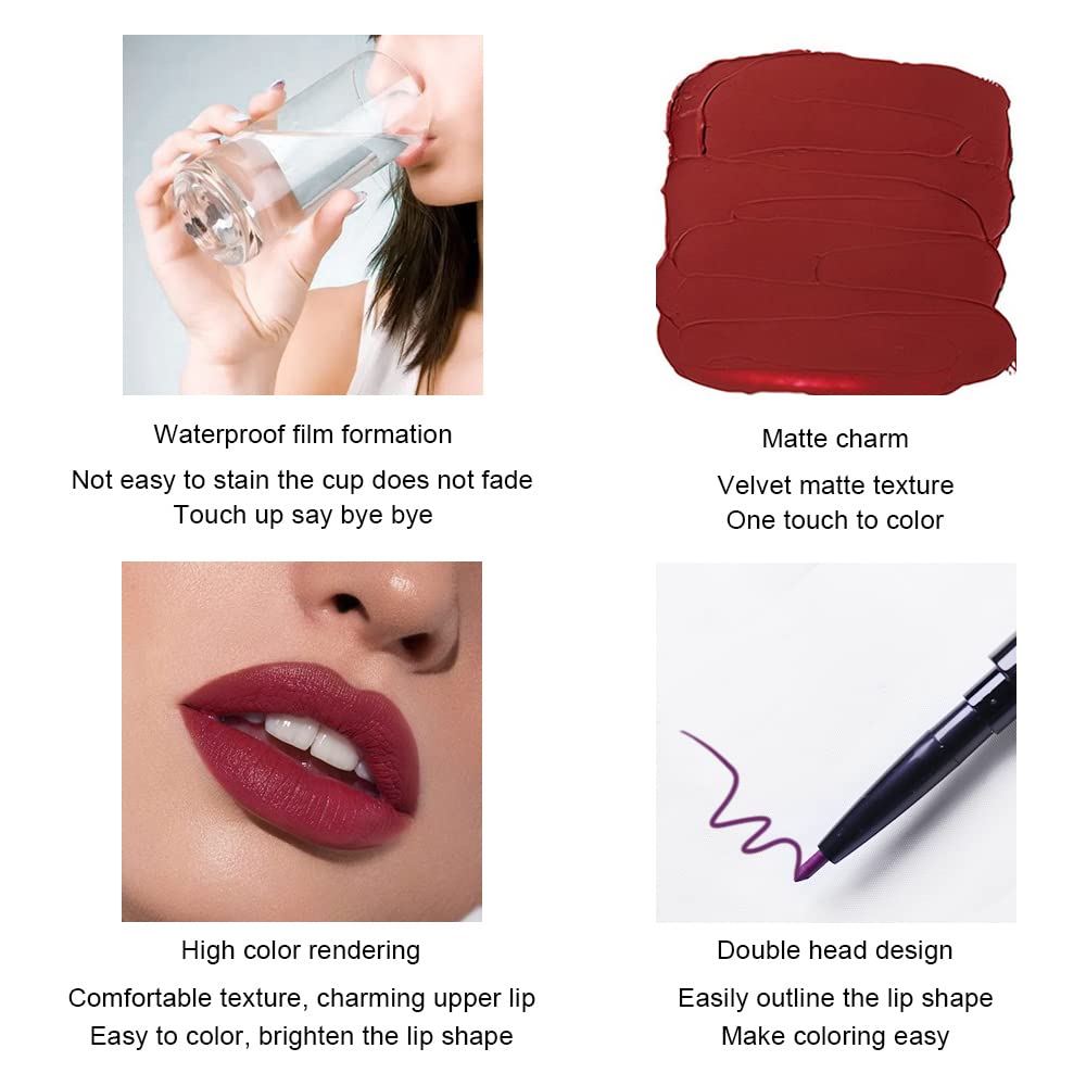evpct 6Pcs Dark Red Mauve Purple Plum Matte Lip Stain Lip Liner and Lipstick Set Long Lasting Waterproof labiales matte mate larga duracion listip 24 hours a prueba de agua mate 24 horas originales
