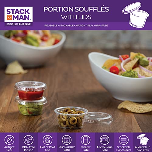 [200 Sets - 2 oz.] Small Plastic Containers with Lids, Jello Shot/ Condiment Cups, 2oz Dipping Sauce & Salad Dressing Container, Disposable Mini Portion Souffl, Ramekins, Pudding Cup