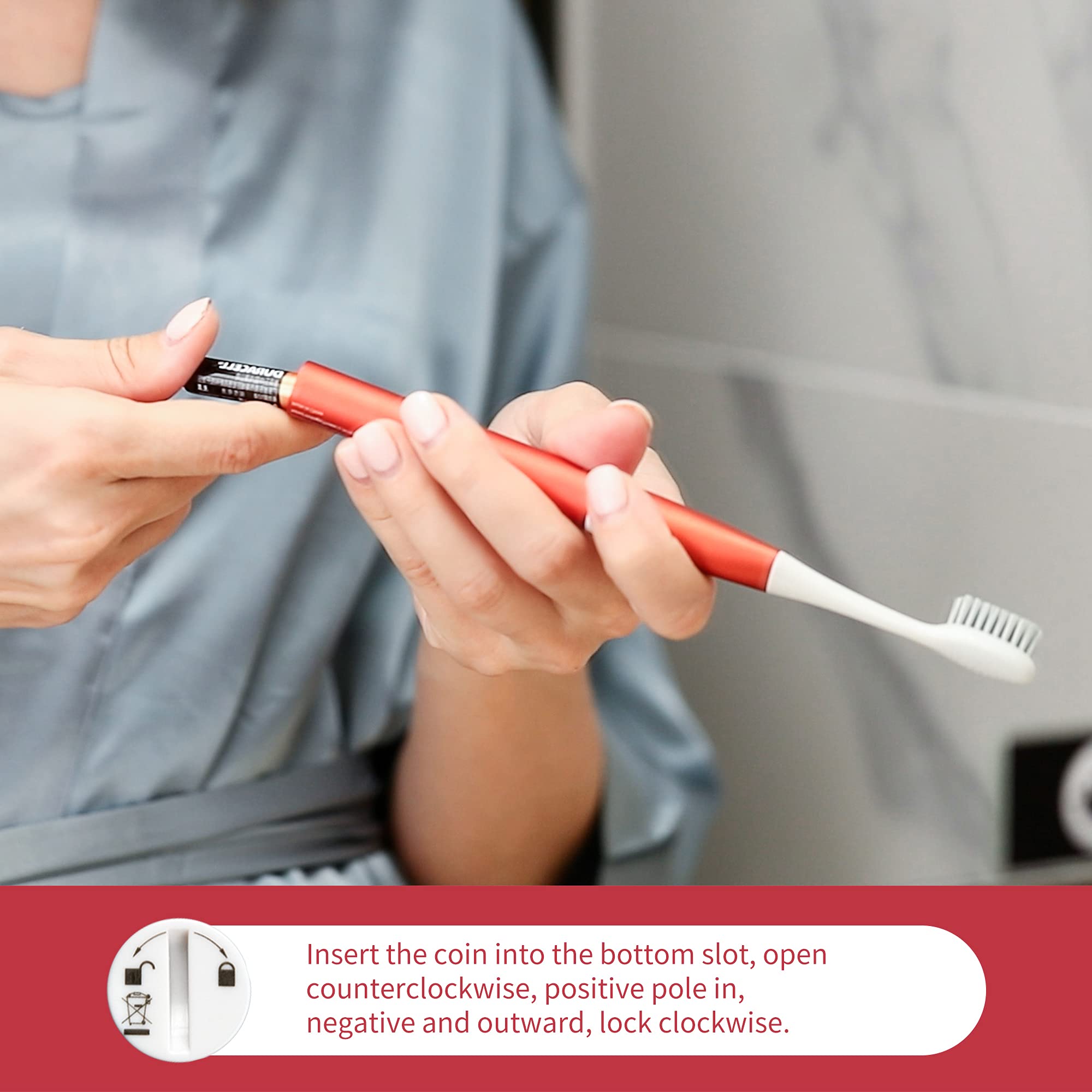 Flexforce AAA Battery Powered Sonic Toothbrush, 2 Replaceable Toothbrush Heads, Metal Aluminum Toothbrush Handle, for Kids and Adults, 2 Minute Timer, V1 Electric Toothbrush, Red