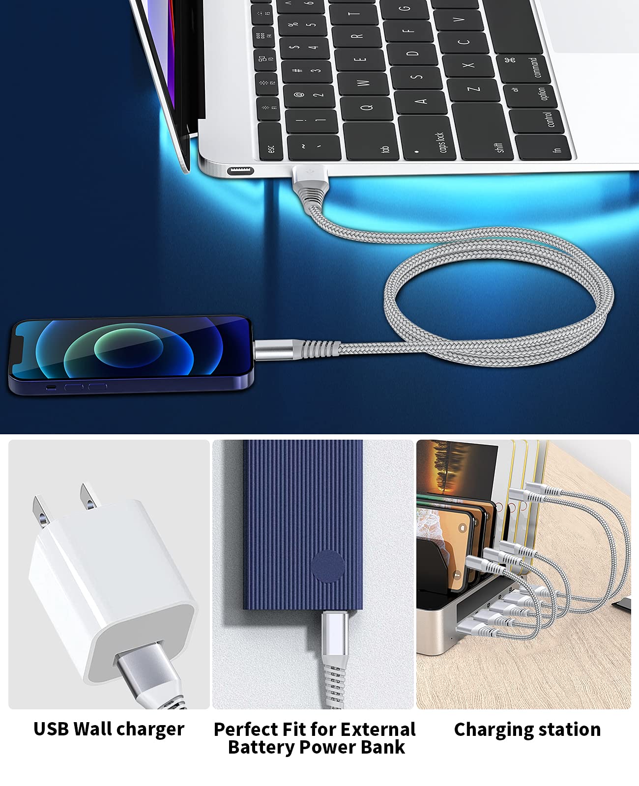 iPhone Charger, [MFi Certified] Lightning Cable 3Pack 8inch Nylon Braided iPhone Charger Cable 2.4A Short USB Fast Charging Data Sync Transfer Cord for iPhone 14 13 12 11 XS XR X 8 7 iPad iPod