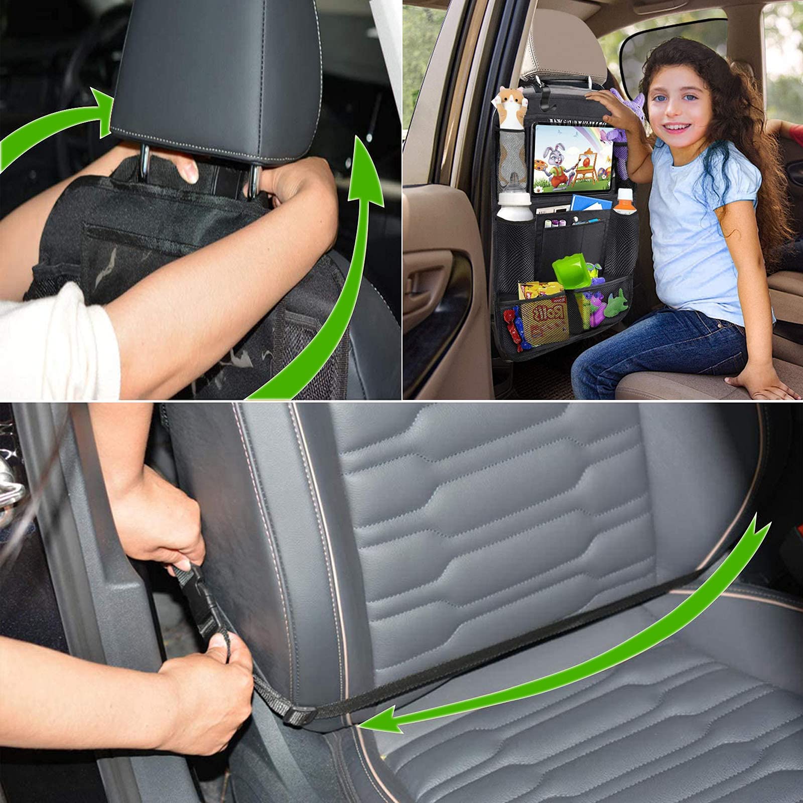 SZcomell Backseat Organizer 2 Pack 9 Storage Pockets and a Touch Screen Tablet Holder, Car Seat Back Organizer and Storage for Kids Toy iPad Bottle Snacks Books