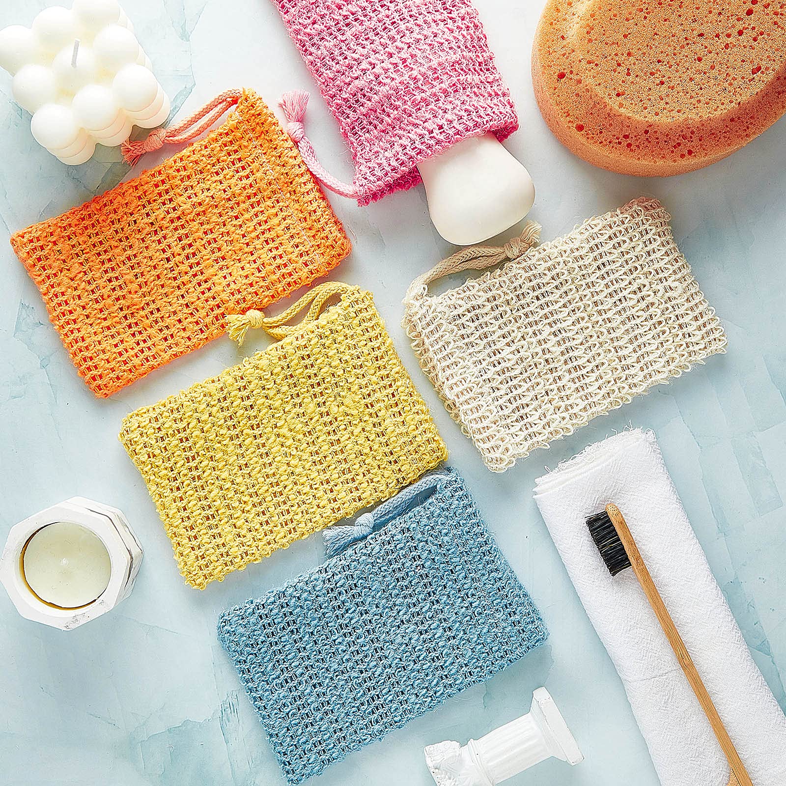 BBTO 5 Pieces Soap Saver Bag Natural Sisal Exfoliating Soap Pouch for Foaming and Drying, Shower, Scrubber(9 x 14 cm,White, Pink, Blue, Yellow, Orange)