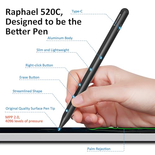 RENAISSER Taiwan Raphael 520C Stylus Pen for Surface, USB-C Charging, Designed in Houston, Made in Taiwan, 4096 Pressure Sensitivity, Match Surface Pro 10& Pro 9/Laptop 6, Magnetic Attachment
