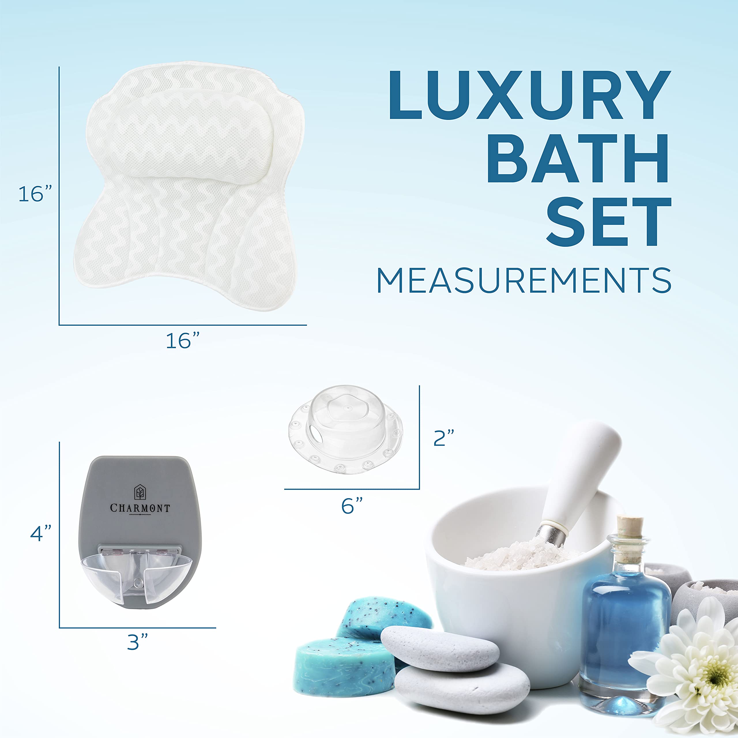 Charmont Luxury Bath Pillow Set, Relaxing Spa Bathtub Headrest for Head and Neck Support, Slip Resistant Waterproof Bathtub Cushion Strong Suction for Soaking Tub 3D Air Mesh with Accessories