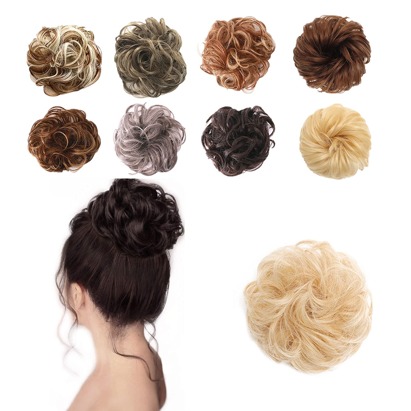 Messy Bun Hair Extension for Women,Curly Wavy Synthetic Hairpieces,Ash Blonde Chignon,Thick Natural Hair Accessories Ponytail Scrunchies Updo(22-613#,2Pcs)