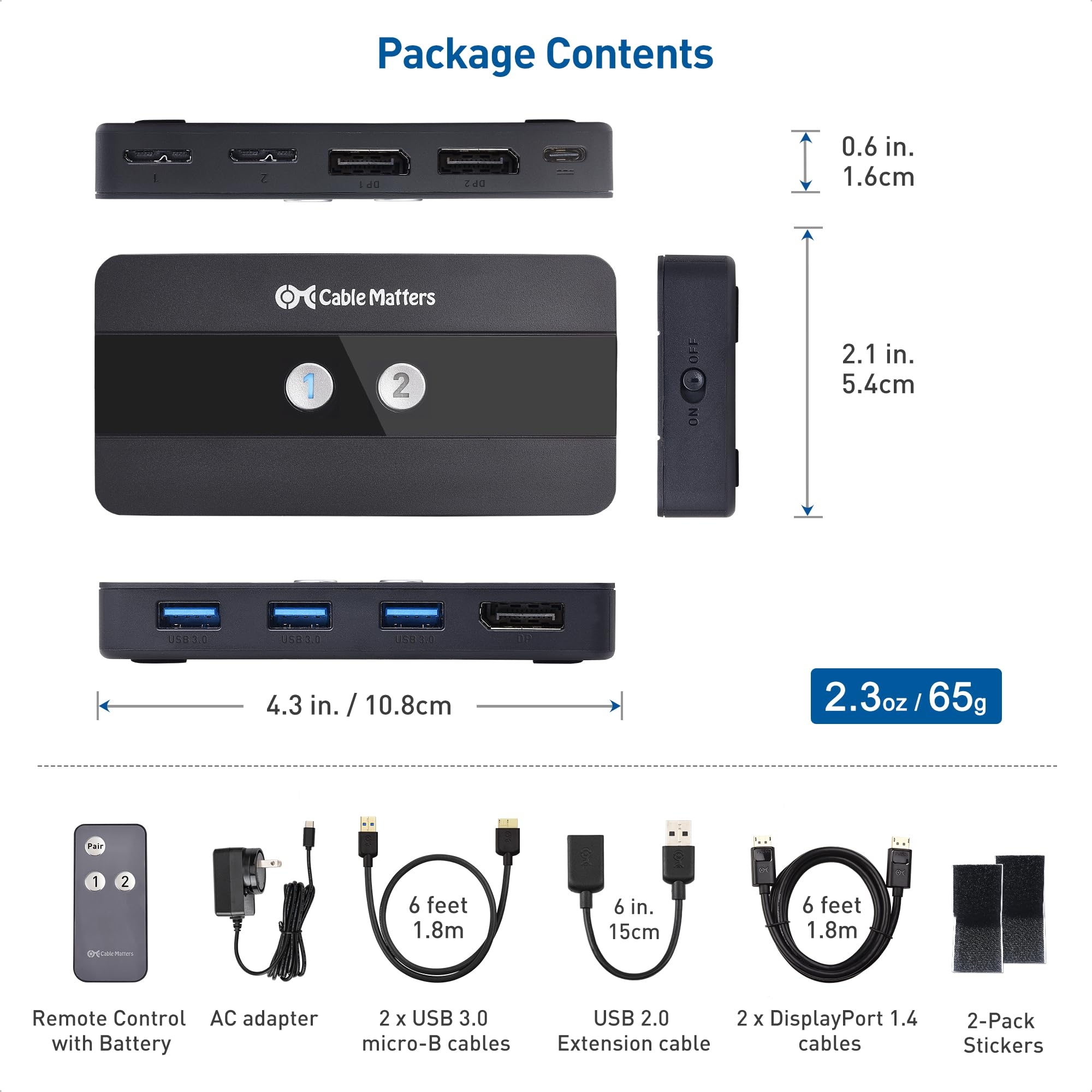 Cable Matters USB 3.0 KVM Switch DisplayPort 1.4 for 2 Computers with 8K@60Hz / 4K@240Hz Display Port Video & 3X 5Gbps USB Ports, FreeSync, G-SYNC and HDR Support - RF Remote Control Switch