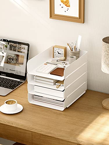 (4pcs Pack) HKeeper Stackable Paper Trays,Letter Tray Organizer,Office Desktop Organizer,A4 Paper Holder,Supplies Magazine,File Documents,Receipts（White）