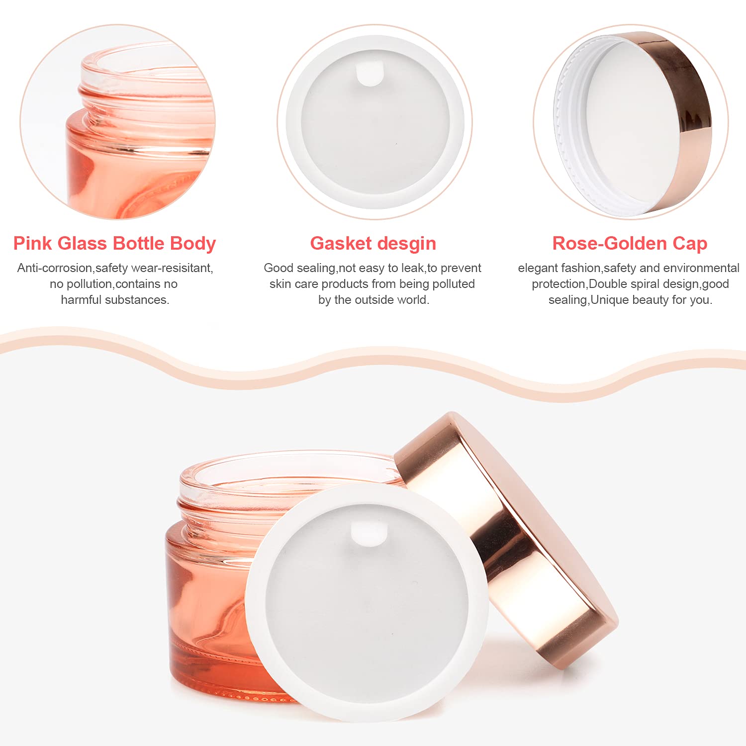 Pink Glass Cream Jar,4 Pack 1.7 oz/50g Face Lotion Jar Pot,Empty Refillable Glass Cosmetic Cream Bottle Container With Rose-Golden Cover,Inner Liners for Moisturizer,Eyeshadow,Makeup Emulsion