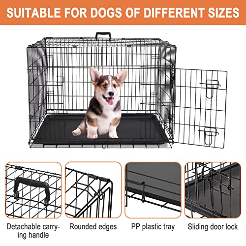 30/36/42Inches Double Door Dog Crate Folding Metal Wire Dog Kennel Cage with Tray for Small/Medium/Large Dogs Indoor Outdoor Travel Use