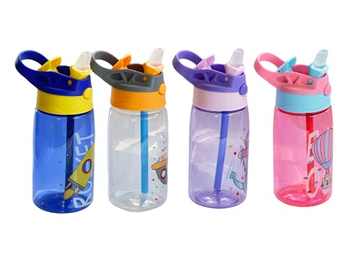 (2-Pack) ZIGIDO Kids Water Bottle for School, 16oz with Straw, ideal for Boys and Girls, Spill Proof & Dishwasher safe Kids Bottle, BPA-Free, Sippy Cup with attractive design, White & Blue